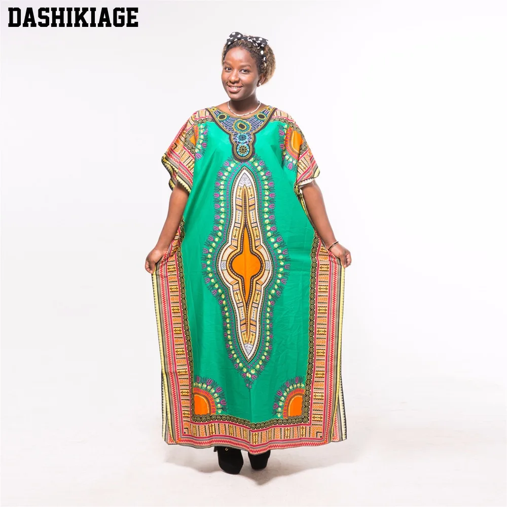 Dashikiage Autumn African Tribe Dashiki Fabric Appliques Green Loose