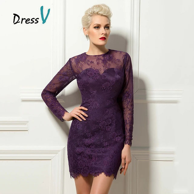 Dressv Purple Long Sleeves Lace Short Cocktail Dresses Simple Above ...