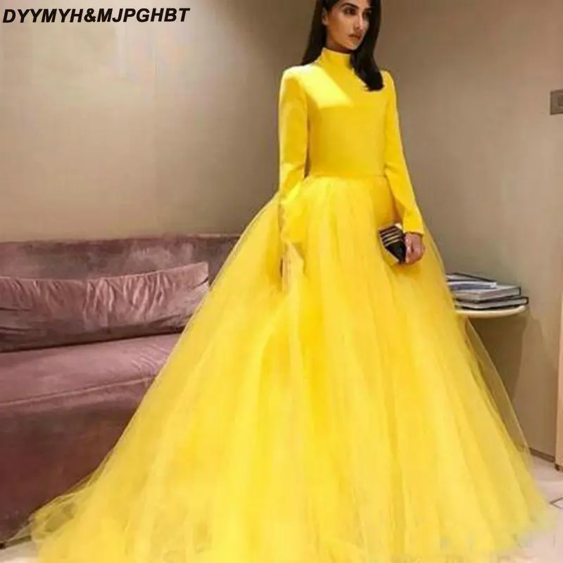 Long Sleeve Muslim Yellow Evening Dresses 2019 High Collar Long Tutu Prom Gowns Saudi Arabic