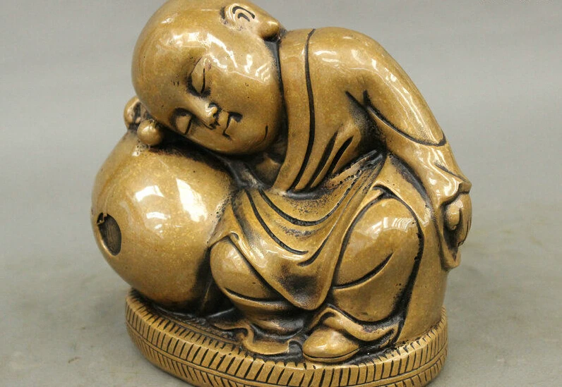 6" Chinese Pure Bronze Buddhism Lovely Kid Young Monk Buddha Wooden ...