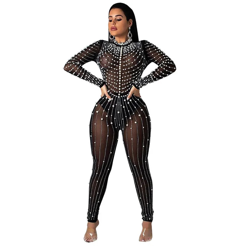 High End Custom Pearls Beading Sparkle Diamonds Bodycon Jumpsuit
