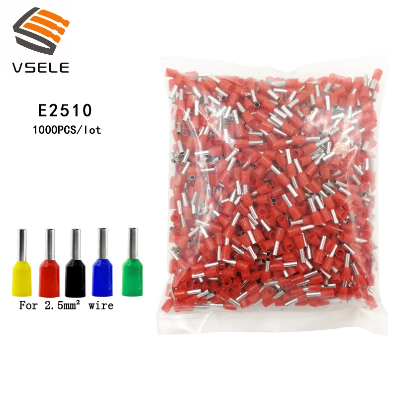 Vsele e2510 2.5mm2 튜브 절연 터미널 1000 개/갑 절연 케이블 와이어 커넥터 절연 압착 단자 커넥터|crimp ...