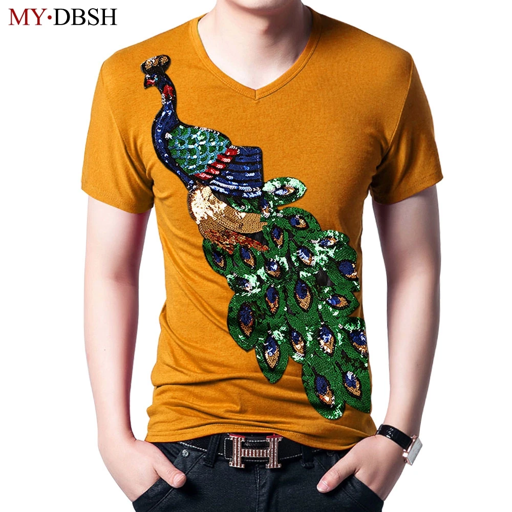 2019 New Clothing Fashion Sequined Peacock Short Sleeve t shirt Mens ...