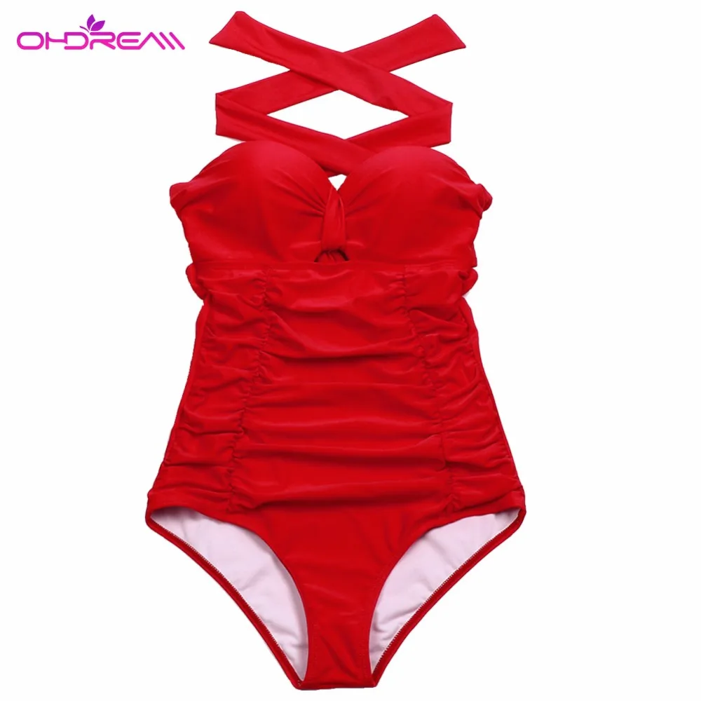 Ohdream Swimsuit Women 2018 New Red Beachwear Bandages Solid Underwire