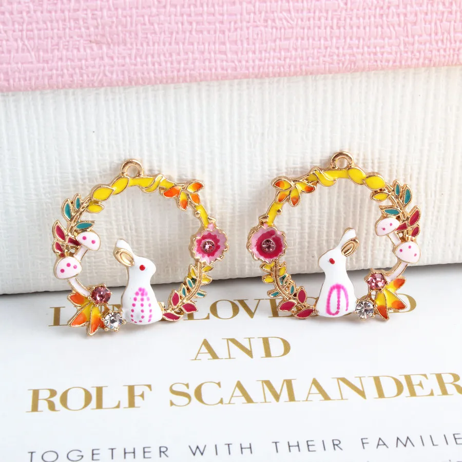 10Pcs/lot Colorful Enamel Charms Lovely Wreath Rabbit Floating Metal ...