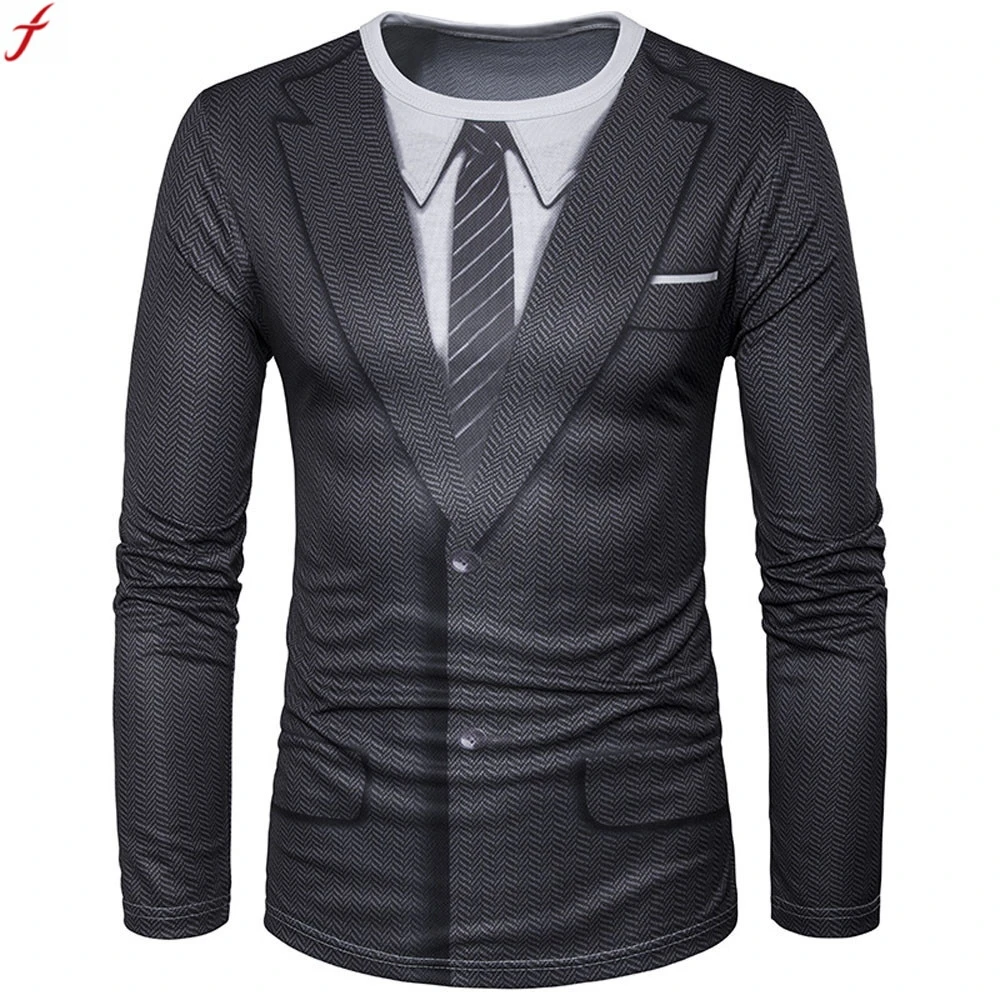 2017 Fashion Men Long Sleeve T Shirt O Neck Male Print Fake Suit T