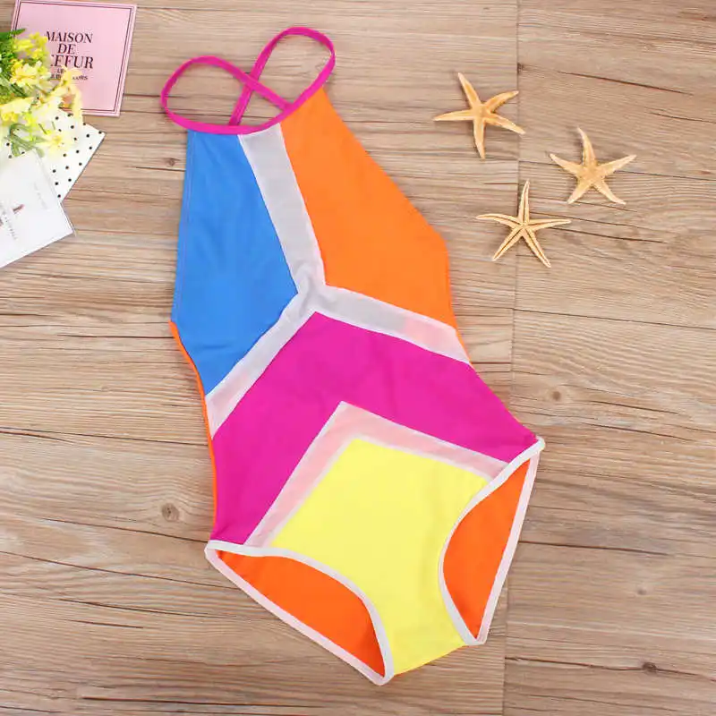 Patchwork One Piece Swimsuit Mesh Swimwear Women 2017 High Neck