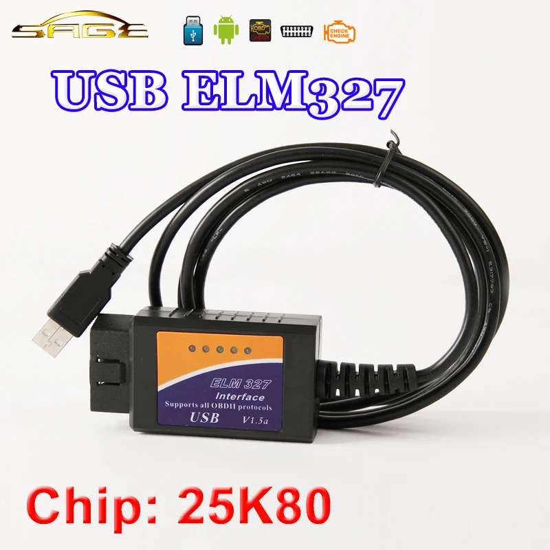 Chip 25K80 ELM 327 USB ELM327 OBDII / OBD2 V1.5 Auto Diagnostic ...
