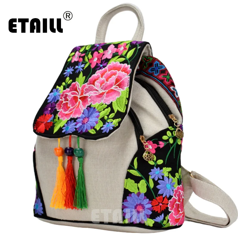 ETAILL Fashion Floral Embroidery Backpack Chinese Ethnic Style Colorful ...