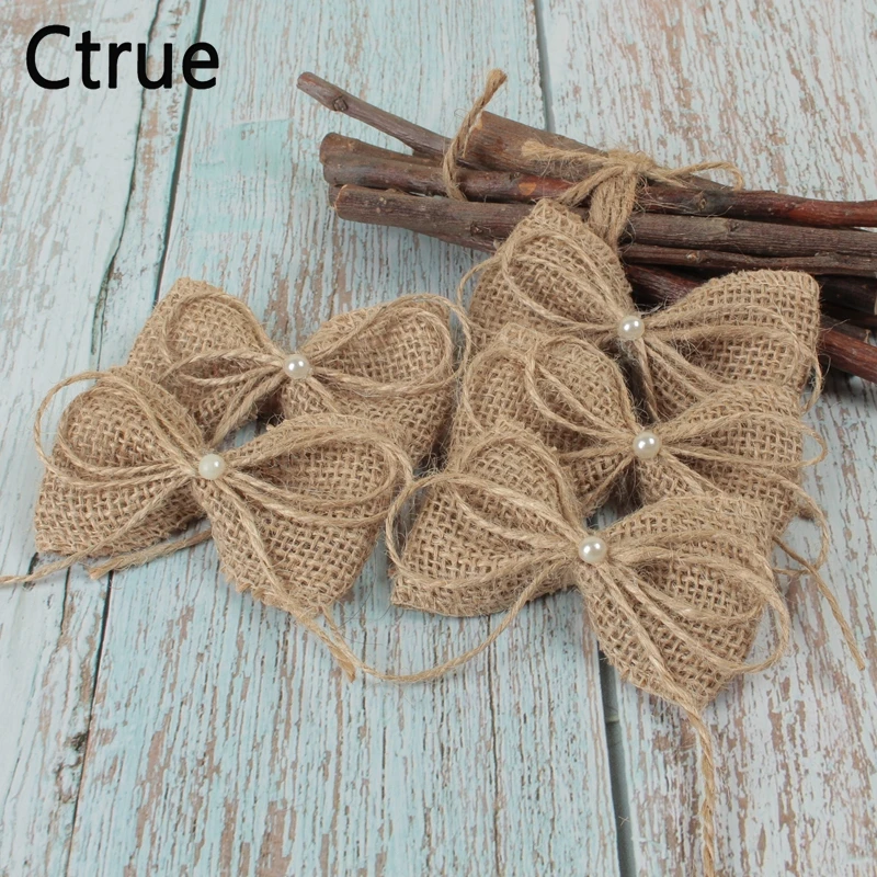 10pcs/lot Jute Burlap Hessian bow with Artificial bead Vintage Wedding ...