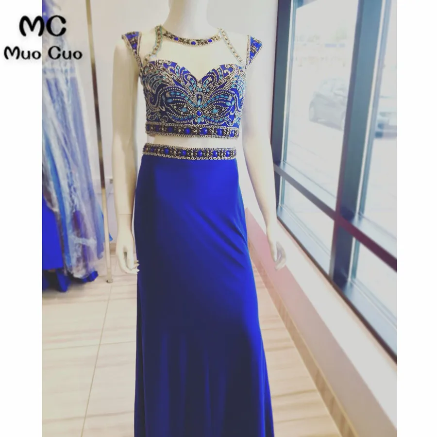 2018 Two Pieces Gown Royer Blue Prom Dresses With Beaded Crystals Scoop