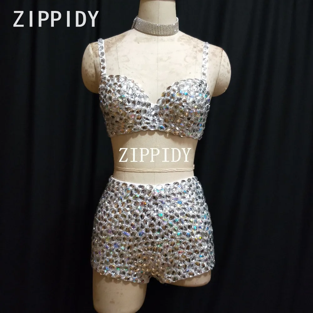 Flashing Big Crystals Bikini Bra Short Female Singe Dance Stage Wear