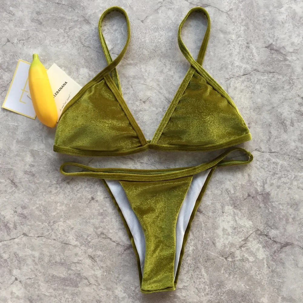 Stretch Velvet Bikini Soft Special Material Micro Halter Top Bikini Set Mini Thong Bathing