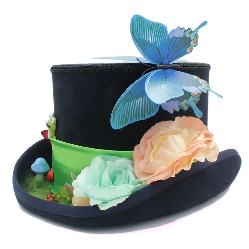 100% Wool Steampunk Fedora Top Hat with flower Mushroom Hat Caterpillar ...