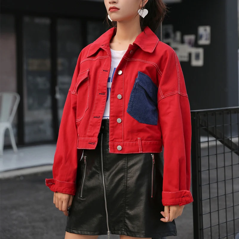 Cheerart Cropped Red Jacket Women Color Block Short Denim Jacket Autumn ...