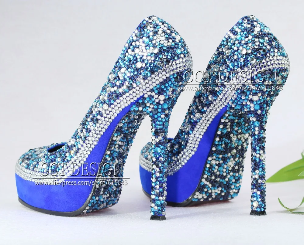 2014 fashion royal blue crystal rhinestone satin wedding shoes ...