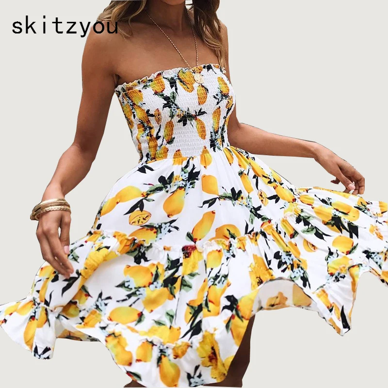 Skitzyou Chic Summer Boho Style Women Print Casual Dress Strapless
