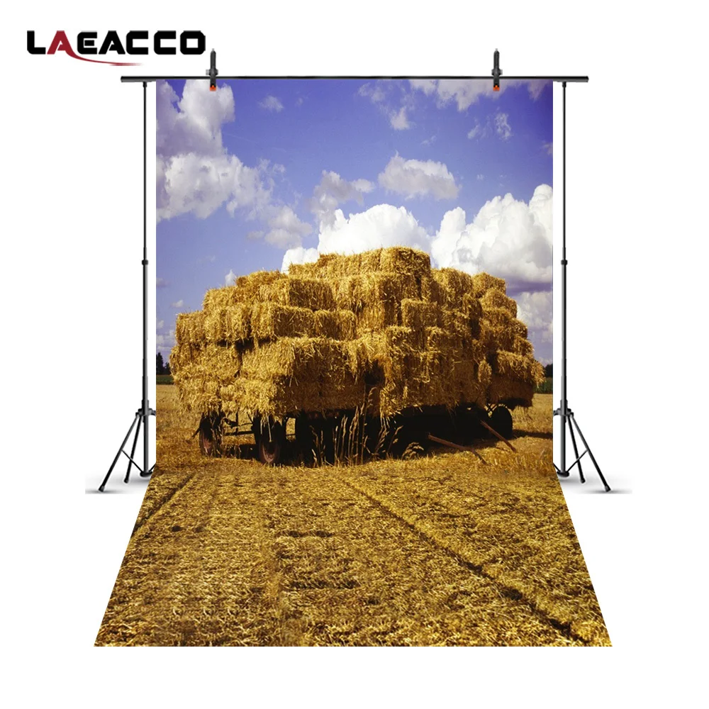 Laeacco Autumn Harvest Farm Field Haystacks Landscape Photo Backgrounds ...