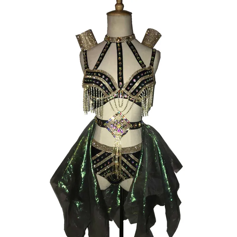 Sparkly Rhinestone Crystals Sexy Bikini Bra Tassel Short Costume Wear