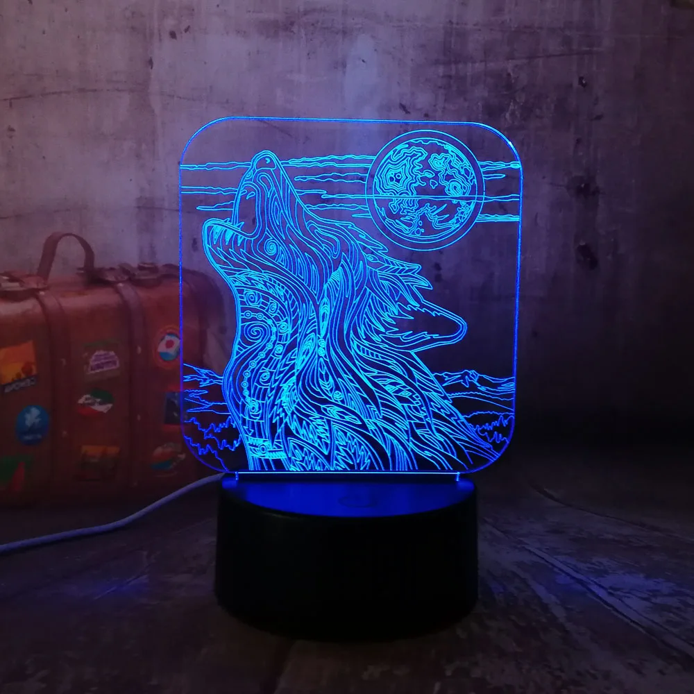 New Full moon Night Howl Wolf 3D LED Acrylic RGB Night Light USB Touch ...