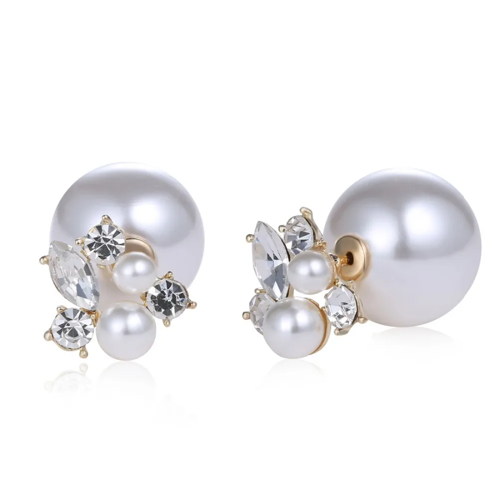 Fashion Elegant Double Sides Pearl Stud Earring Trendy Two Ball Crystal ...