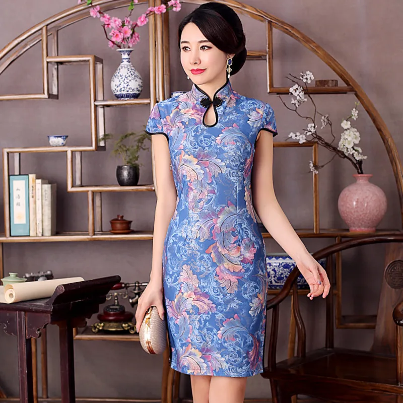 Sheng Coco Woman Flowers Cheongsam Dresses Qipao Summer Short Blue ...