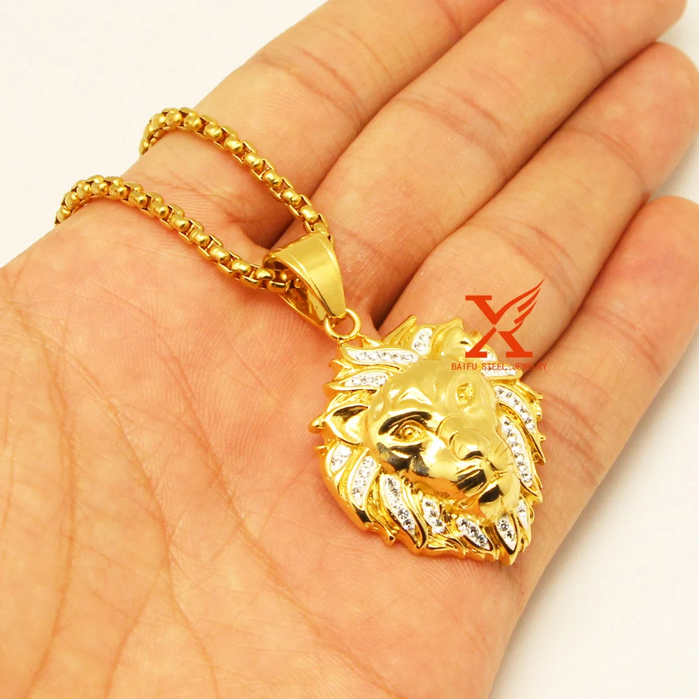 24"(60cm) Stainless Steel Hip Hop Gold Color Lion Head Full CZ Bling ...