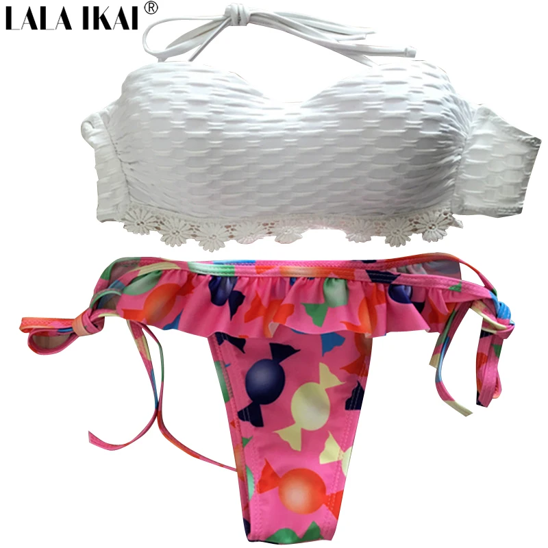 Lala Ikai Swimwear Women White Floral Top And Print Biquini Swimwear