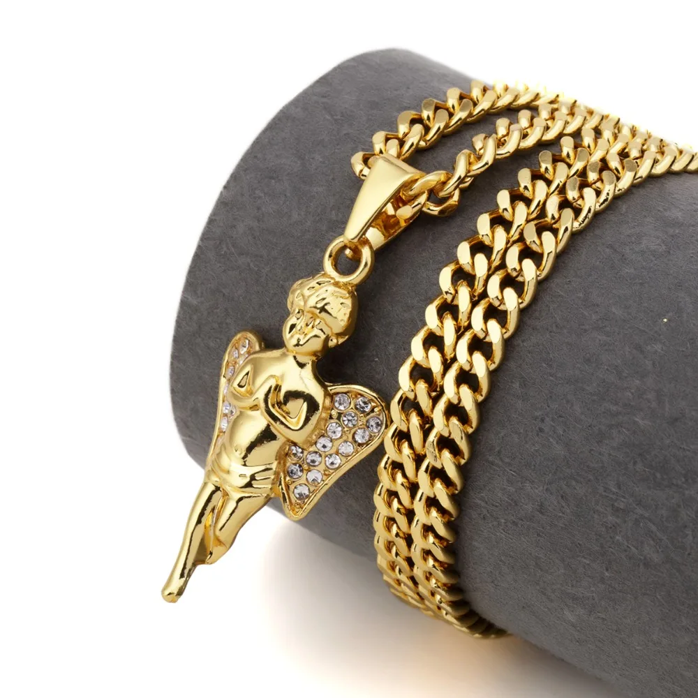 Men Women Golden Crystal Micro Angel Praying Necklace Pendants Golden ...