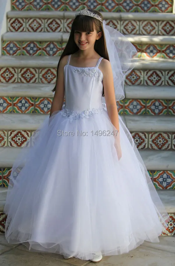 High Quality White Girls First Communion Dresses Spaghetti Strap Floor ...