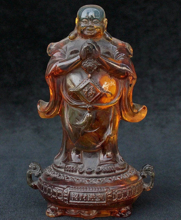 7" Chinese Amber Carved Happy Laugh Maitreya Buddha Censer Yuan bao ...