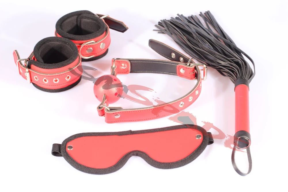 Free Shipping 4pcs Pvc Kit Handcuffs Gag Blindfold Leather Whip Sex Toys Adult Sex Products Sexy