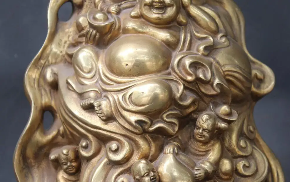 18" Chinese Bronze Gold Fu Wealth Happy Laugh Maitreya Buddha & 5 Kids ...