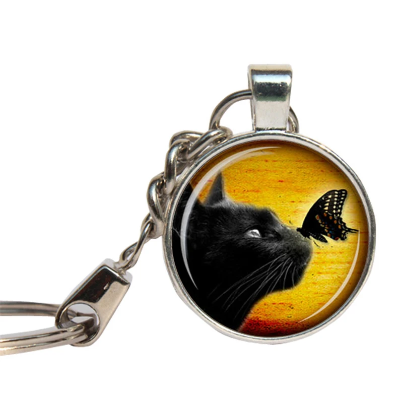 Black Cat Keychain Glass Cabochon Key Ring Glass Dome Key Chains ...