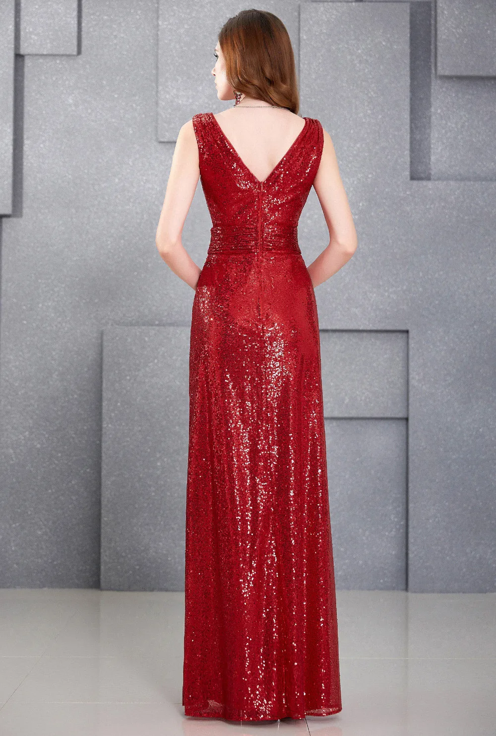 Luxury Long Sequin Sleeveless Double V Neck Evening Dress My Wedding