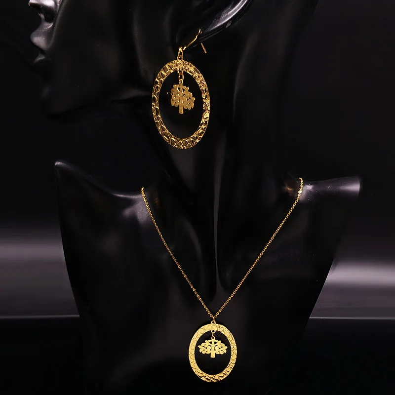 2019 Tree of life Stainless Steel Jewelry Set Peru Gold Color Necklace ...