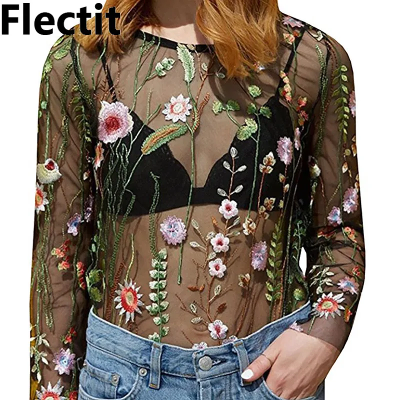 Flectit Floral Embroidered Mesh Tops Tulle Sheer Shirt Crew Neck Long