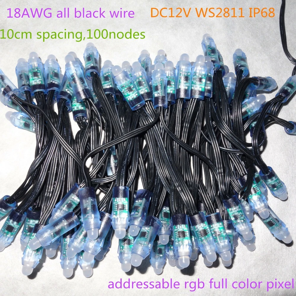 18awg Wire 100pcs/string Dc12v 12mm Ws2811 Addressable Rgb Led Smart Pixel Node,with All Black ...