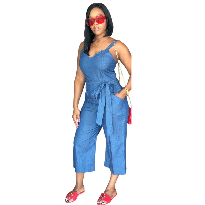 Womens Sexy Denim Jumpsuit Solid Color V Neck Strap Top And Jeans Long