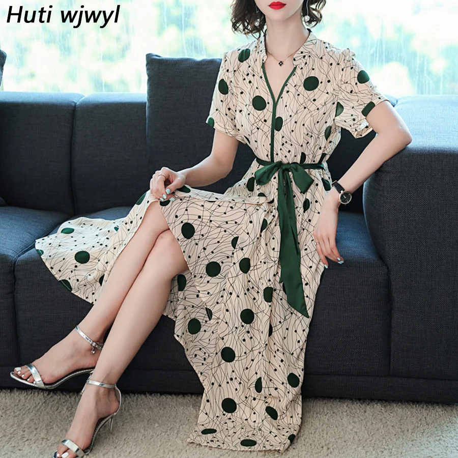 2024-Korean-Vintage-Silk-Midi-Dress-Summer-New-Office-lady-White-Print ...