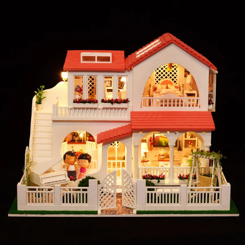 Rose villa bricolage maison de poupée grande échelle 3D Miniature lumière + kits à la main en ...