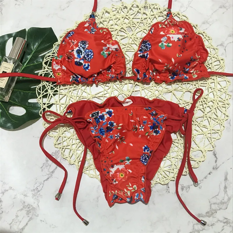 2018 Sexy Red Bikini Floral Swimsuit Female Bather Brazilian Bathing