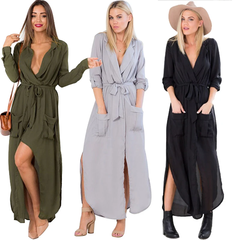 Sexy Women Tunic Robe Maxi Duster Dress Side Split Bow Tie Pocket Wrap ...
