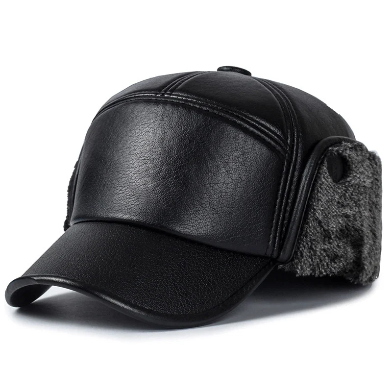 Mens Winter Leather Baseball Caps with Earmuffs Earflaps Warm Dad Hats ...