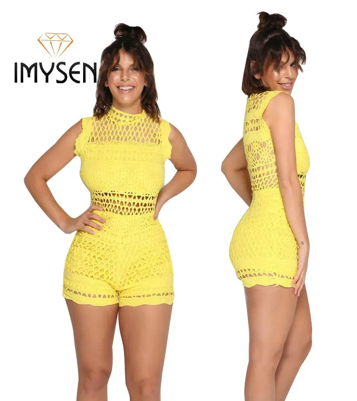 Imysen New Summer Lace Romper Womens Sexy Hollow Out Playsuits Solid Yellow White O Neck Skinny