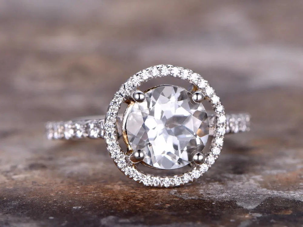 White Topaz ring white Topaz Engagement ring 8mm Round Cut gold plated ...