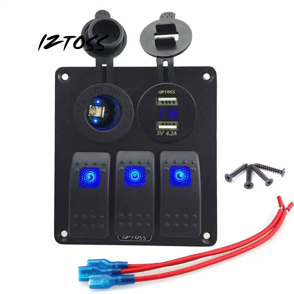3 Gang azul Rocker switch panel + Power socket + doble USB 4.2A enchufe ...