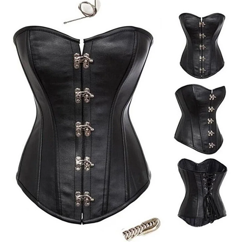 Black Plus Size Buckle Up Steampunk Leather Corsets Gothic Womens Steel Boned Overbust Corset