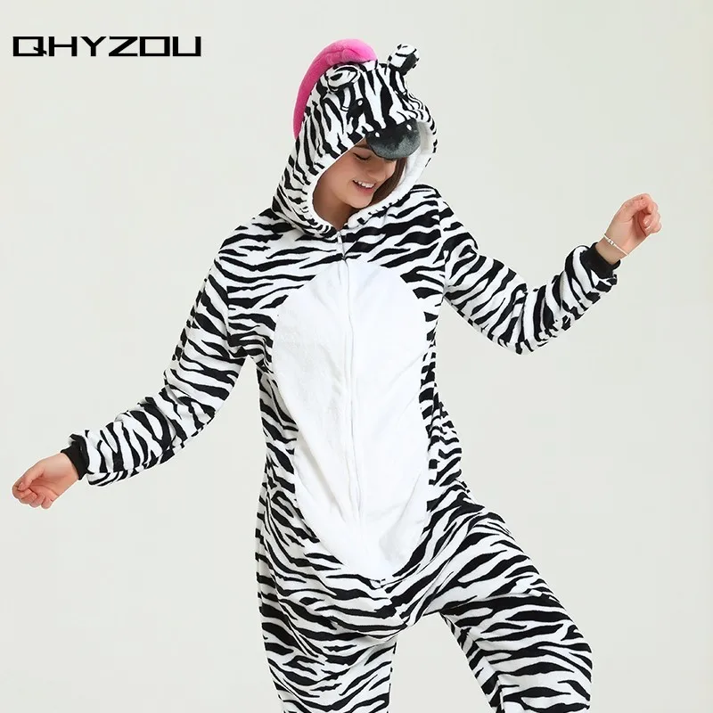 New Unisex Womens Men Zebra Pajamas Pyjamas Hooded Zip Front Jumpsuit ...