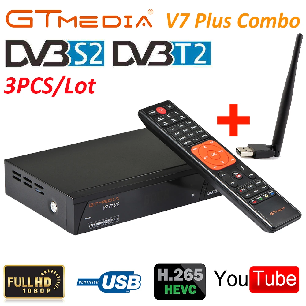 3PCS/Lot GTMedia V7 Plus Combo 1080P HD H.265 Satellite Receiver DVB S2 ...